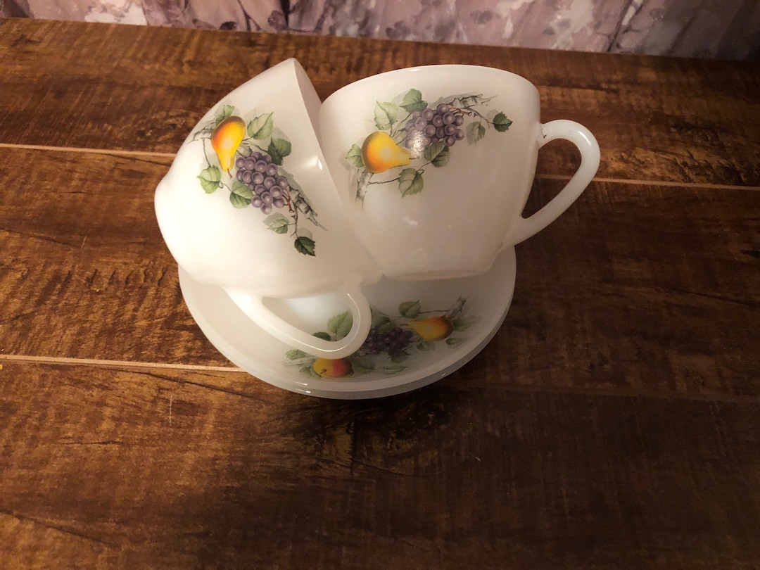Arcopal France Teacup and Saucer; 4 Piece Set, Grapes, Pears, Vine ...