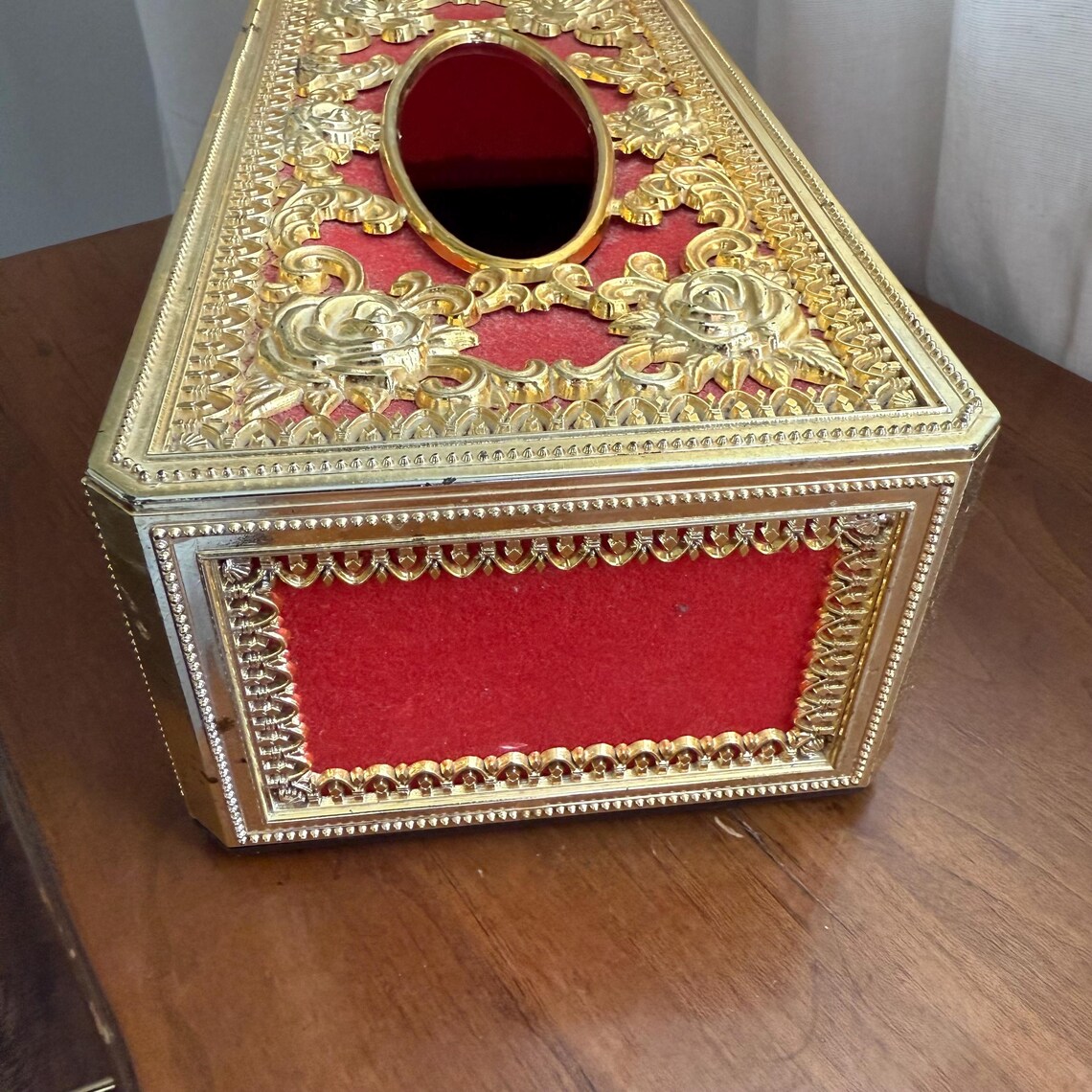 TISSUE COVER BOX, Red Velvet With Ornate Gold Plastic Embellishment ...