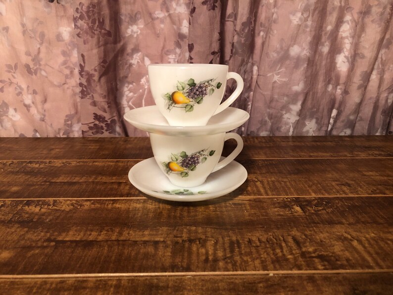 Arcopal France Teacup and Saucer; 4 Piece Set, Grapes, Pears, Vine ...