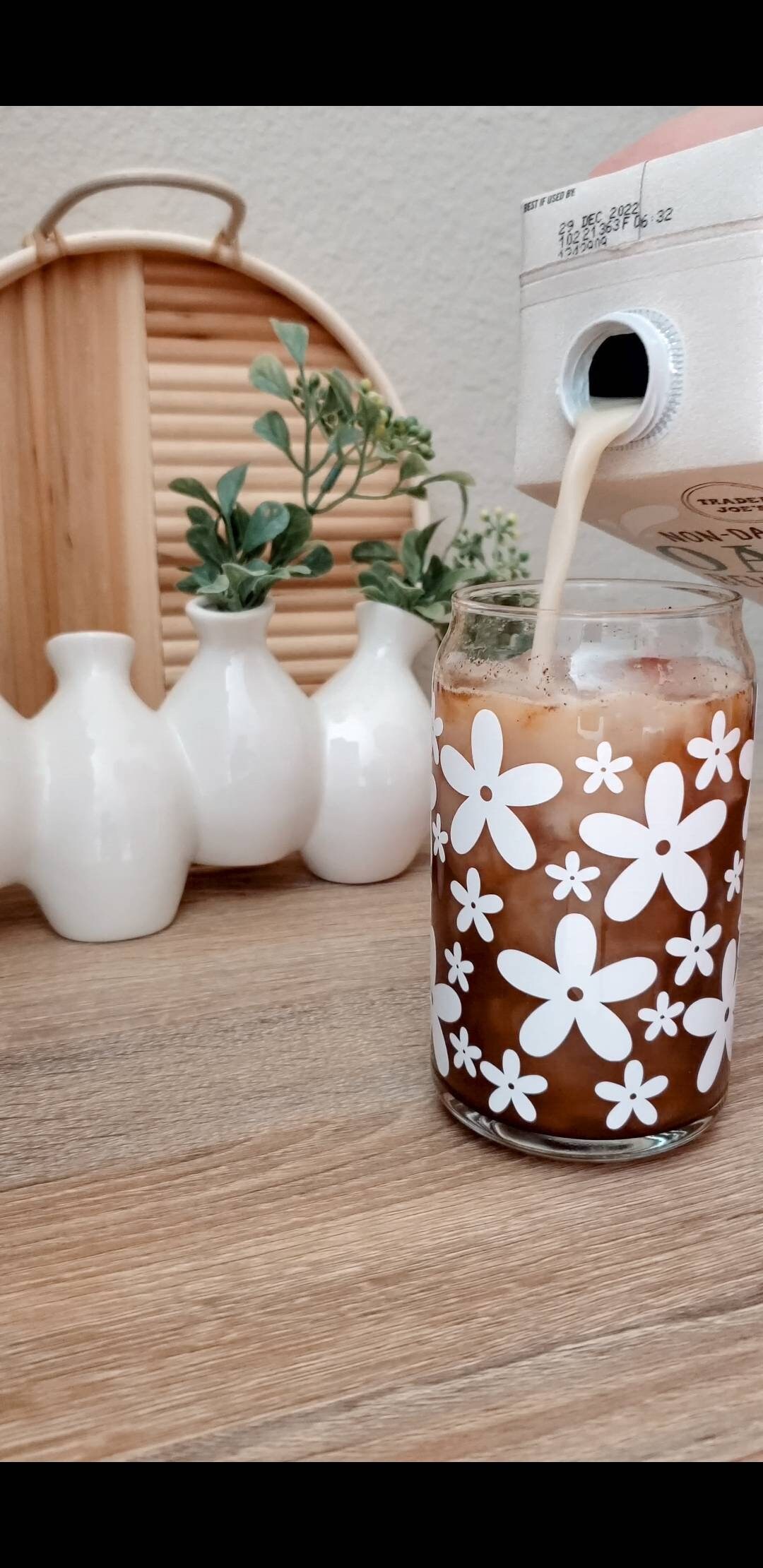 Boho Flower Iced Coffee Glass Glass Coffee Cup Aesthetic - Etsy