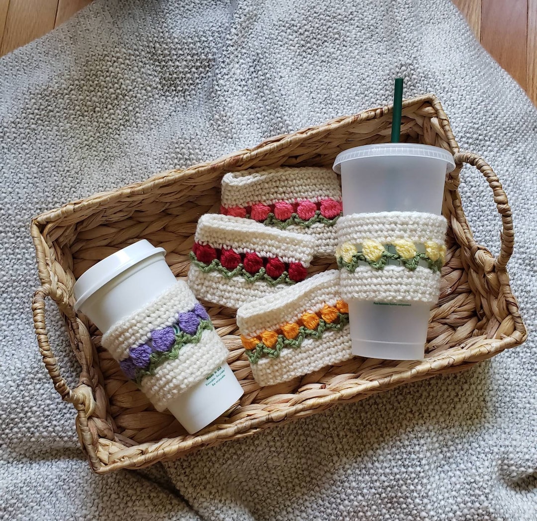 Flower Crochet Coffee Sleeve - Reusable Cup Cozy - Tulip Spring Coffee ...