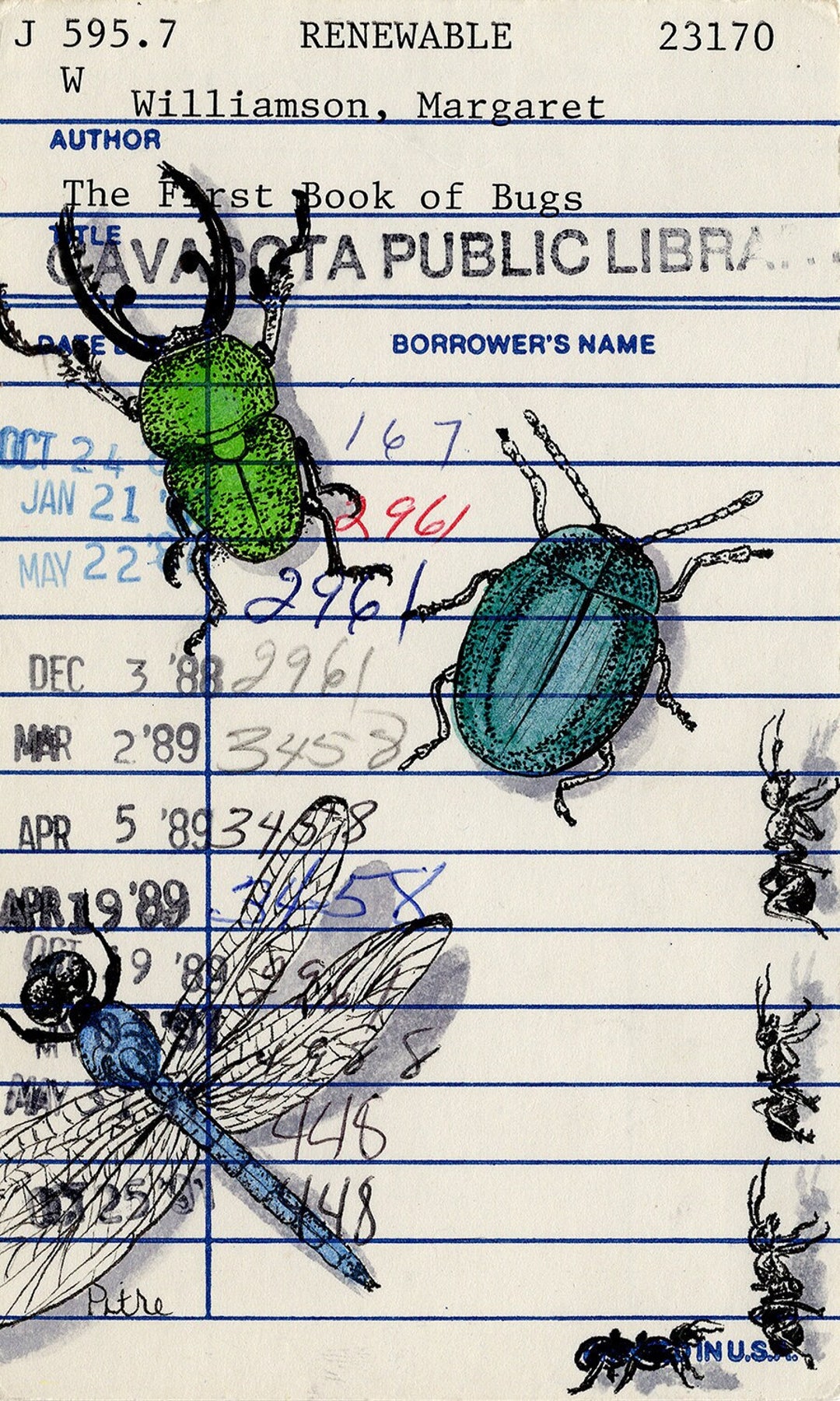 Bugs Upcycled Library Card Print - Etsy