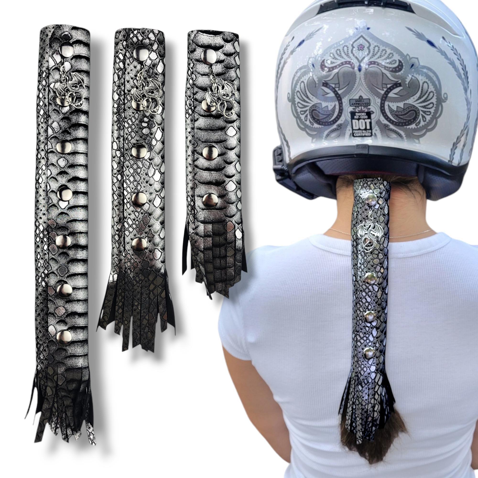 Motorcycle Hair Wrap Silver Leather Snakeskin 5" - 22" in | Bike Helmet ...