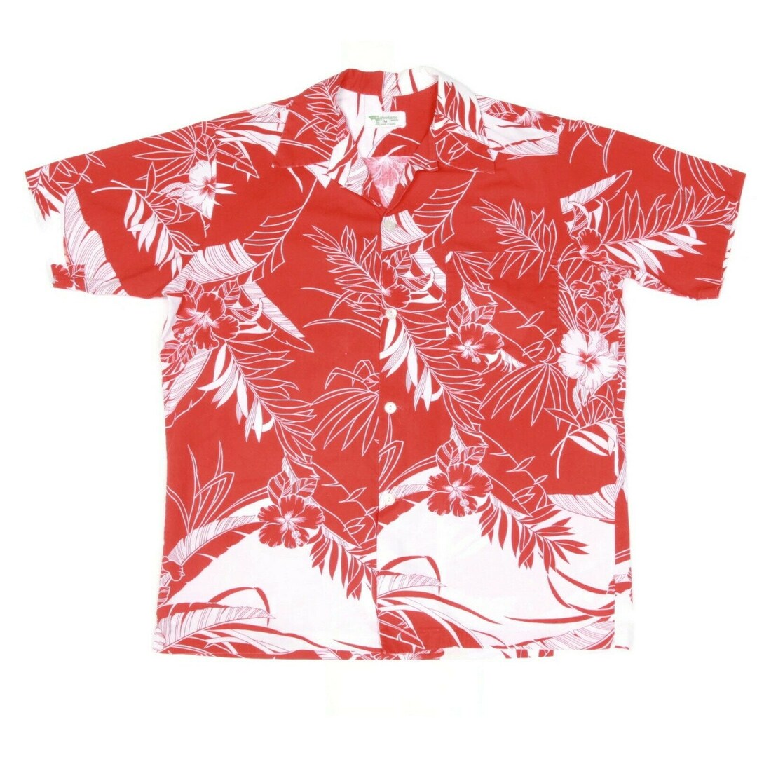 HOOKANO VINTAGE HAWAIIAN Mens Shirt Red White Aloha Trees Size Medium ...