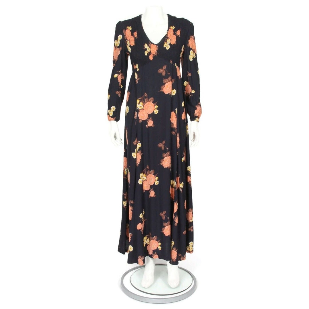Vtg 70s RAE DOLLS San Francisco Navy Rust Floral Cottagecore Maxi Dress ...