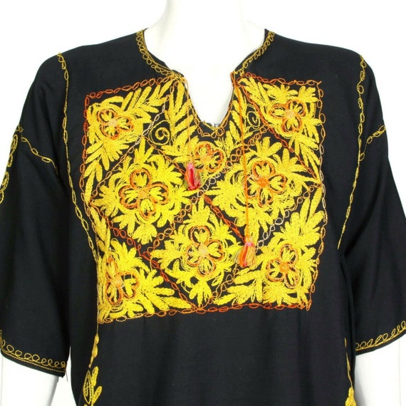 Vintage Embroidered Floral Mexican Black Tunic Top Ye… - Gem