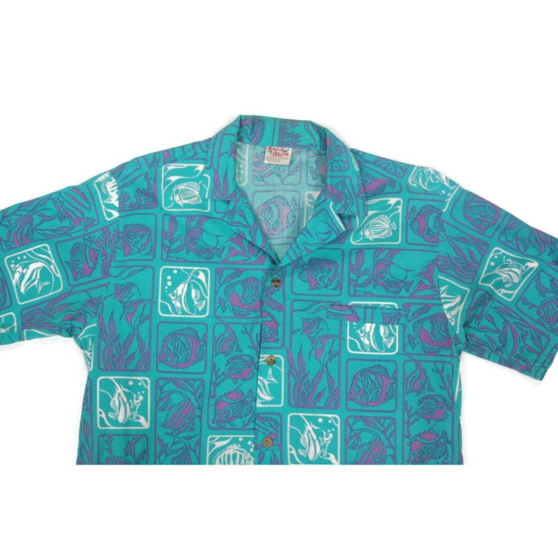 Barefoot Paradise Vintage 80s Hawaiian Shirt Turquoise Aloha Purple ...