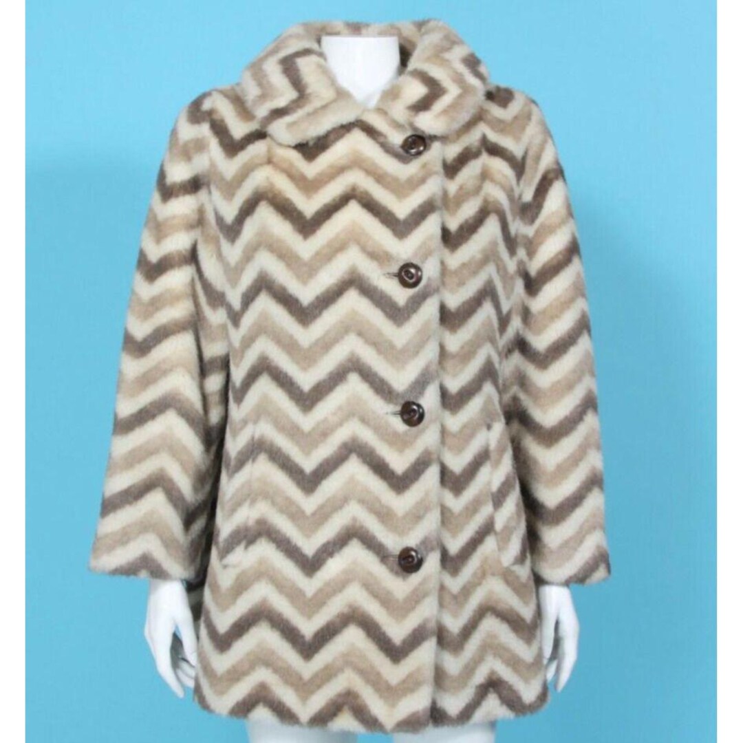 Vtg 70s GLENOIT Studio 54 Disco Glam Chevron Faux Fox Fur Coat Jacket ...