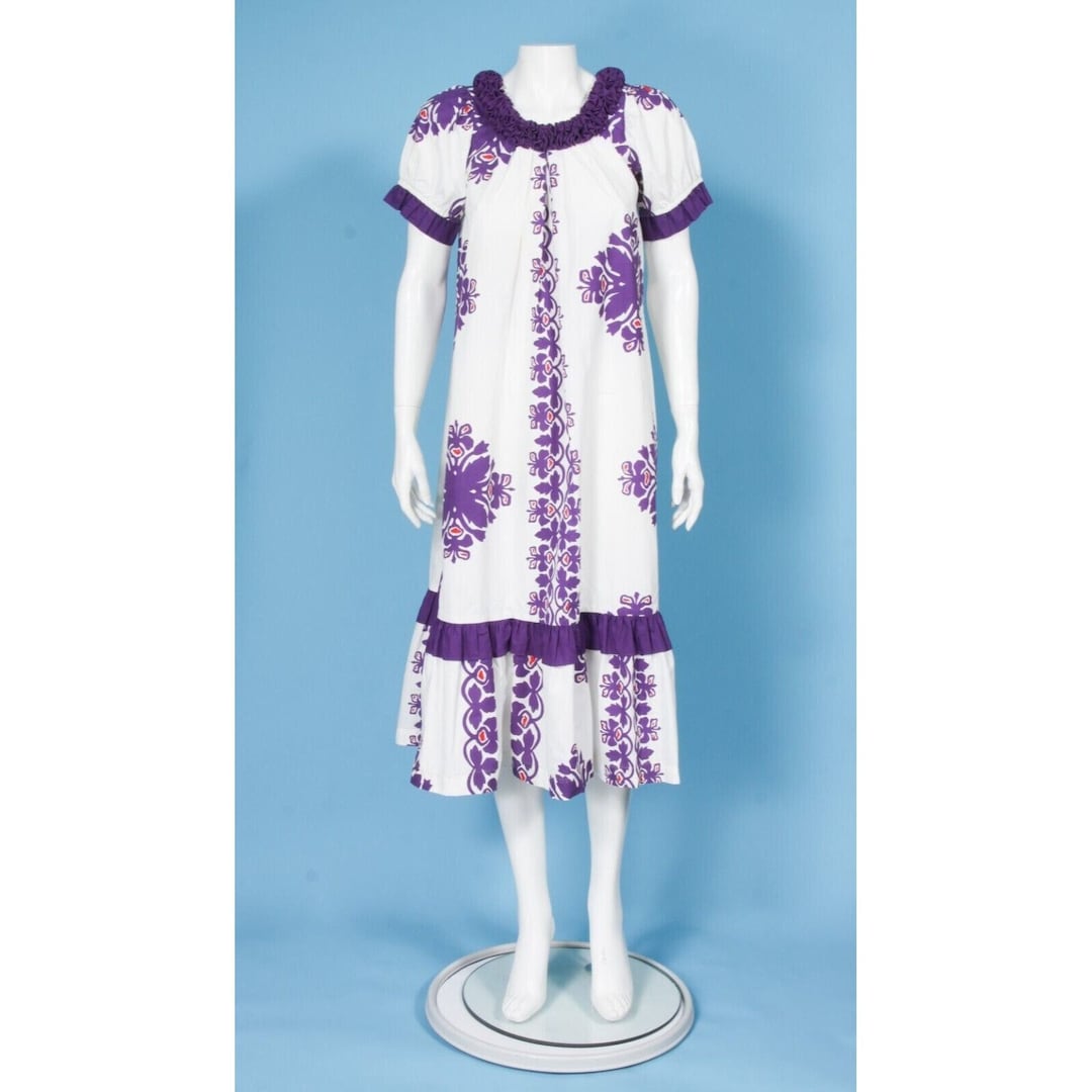 Vintage MAMO HOWELL Hawaiian Aloha Muumuu White Purple Red Floral Sz 10 ...