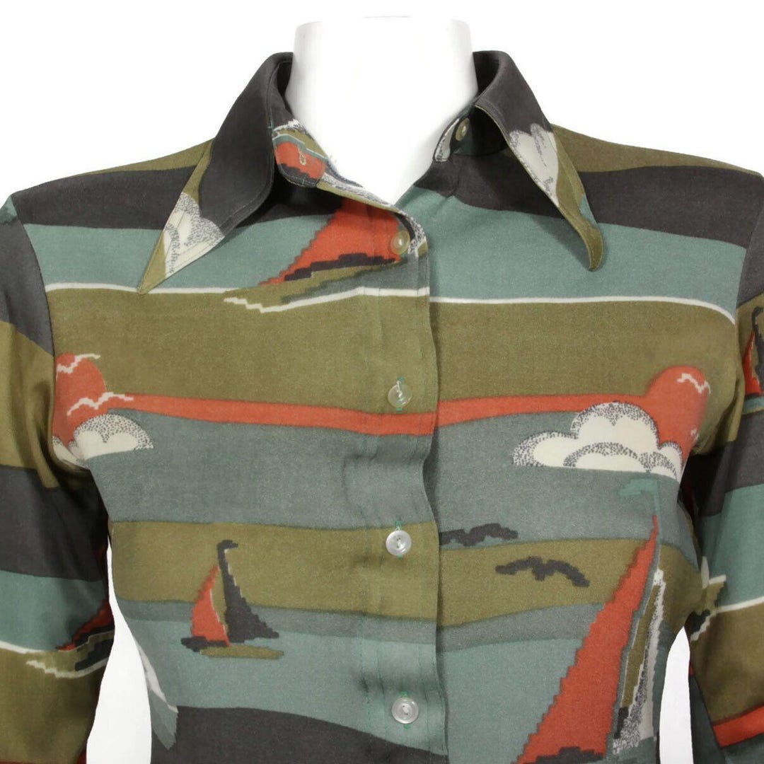 Vintage 70's CURRANTS Jeri Jo Sailboat Nautical Green Button up Top S/M ...