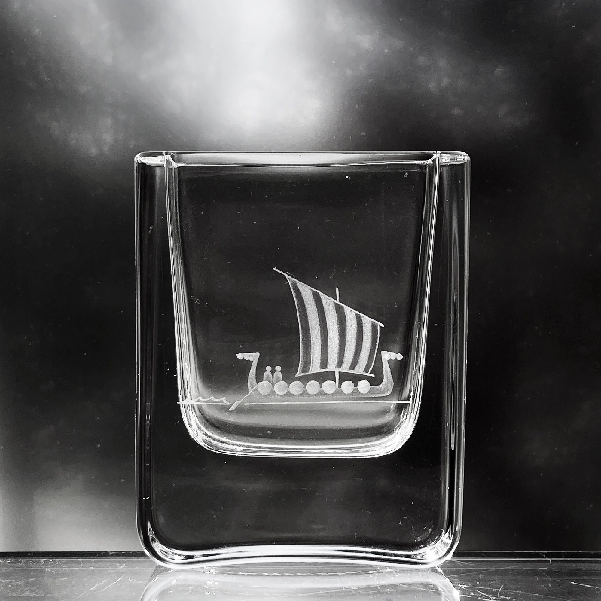 Kosta Engraved Swedish Crystal Vase, Viking Longboat, Bengt Edenfalk ...