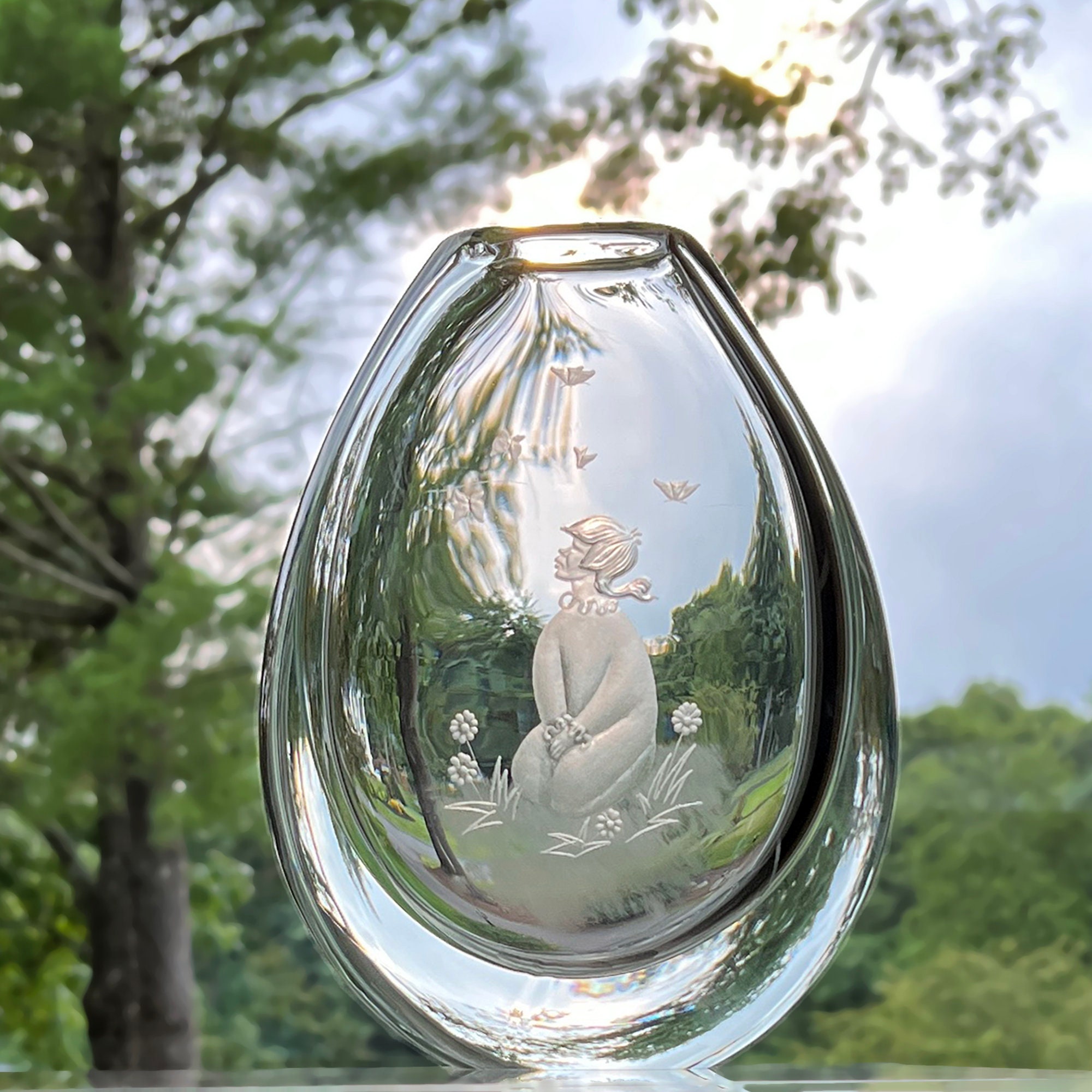 Strömbergshyttan Ice Blue Glass Vase with Engraved Girl Thumbelina ...