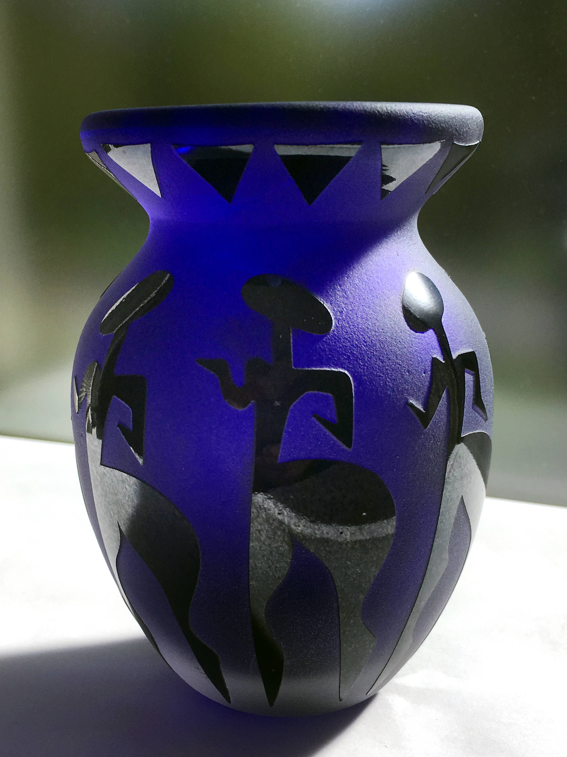 Fellerman Raabe 1990's Cameo Cobalt Glass Vase with African Motif