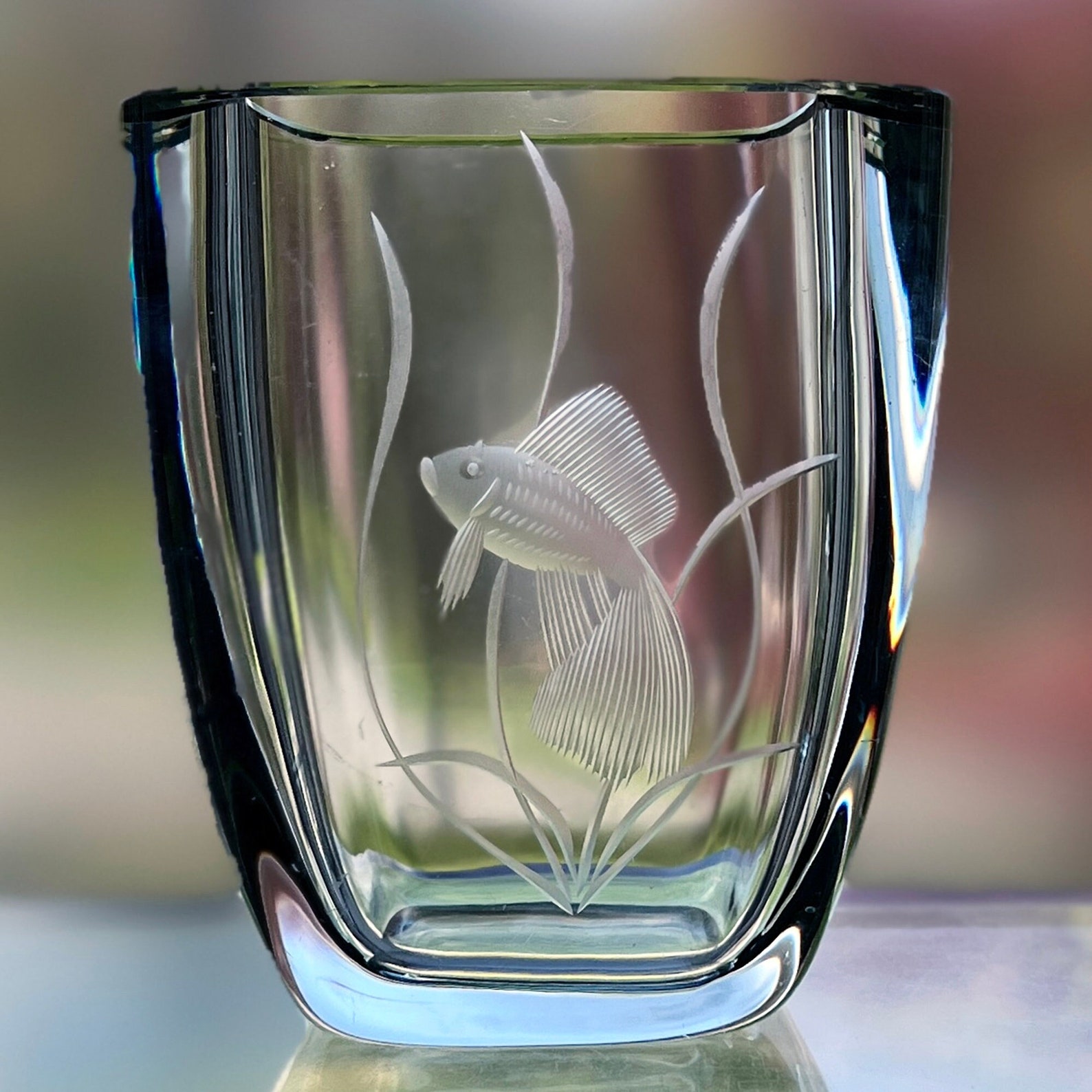 Strömbergshyttan Fish Bowl Vase Blue Green Glass Wheel - Etsy