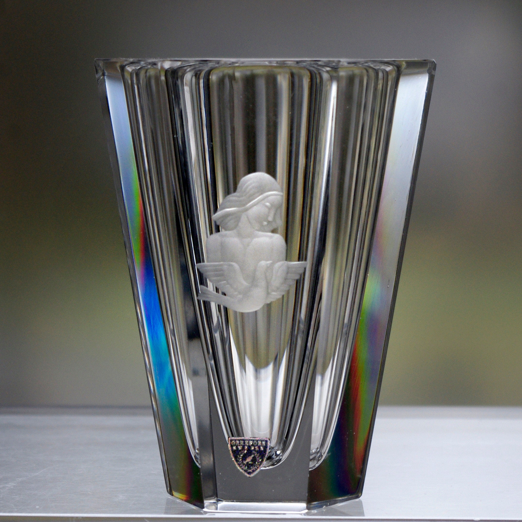 Orrefors Woman and Dove Engraved Crystal Vase, Selbing, Palmqvist 1953 ...