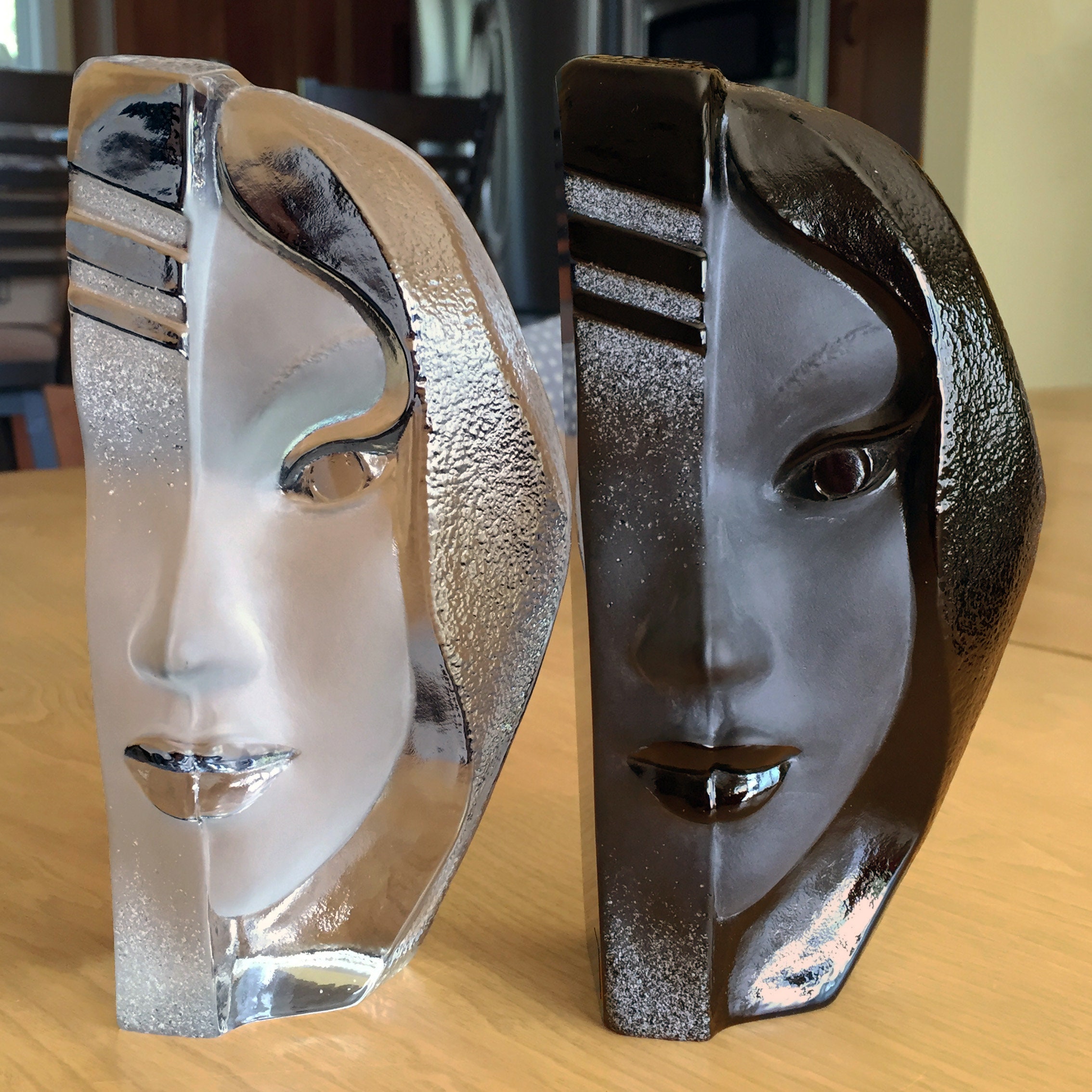 Rare Set Of Two Målerås Crystal Nike Masq Sculptures By Mats Jonasson