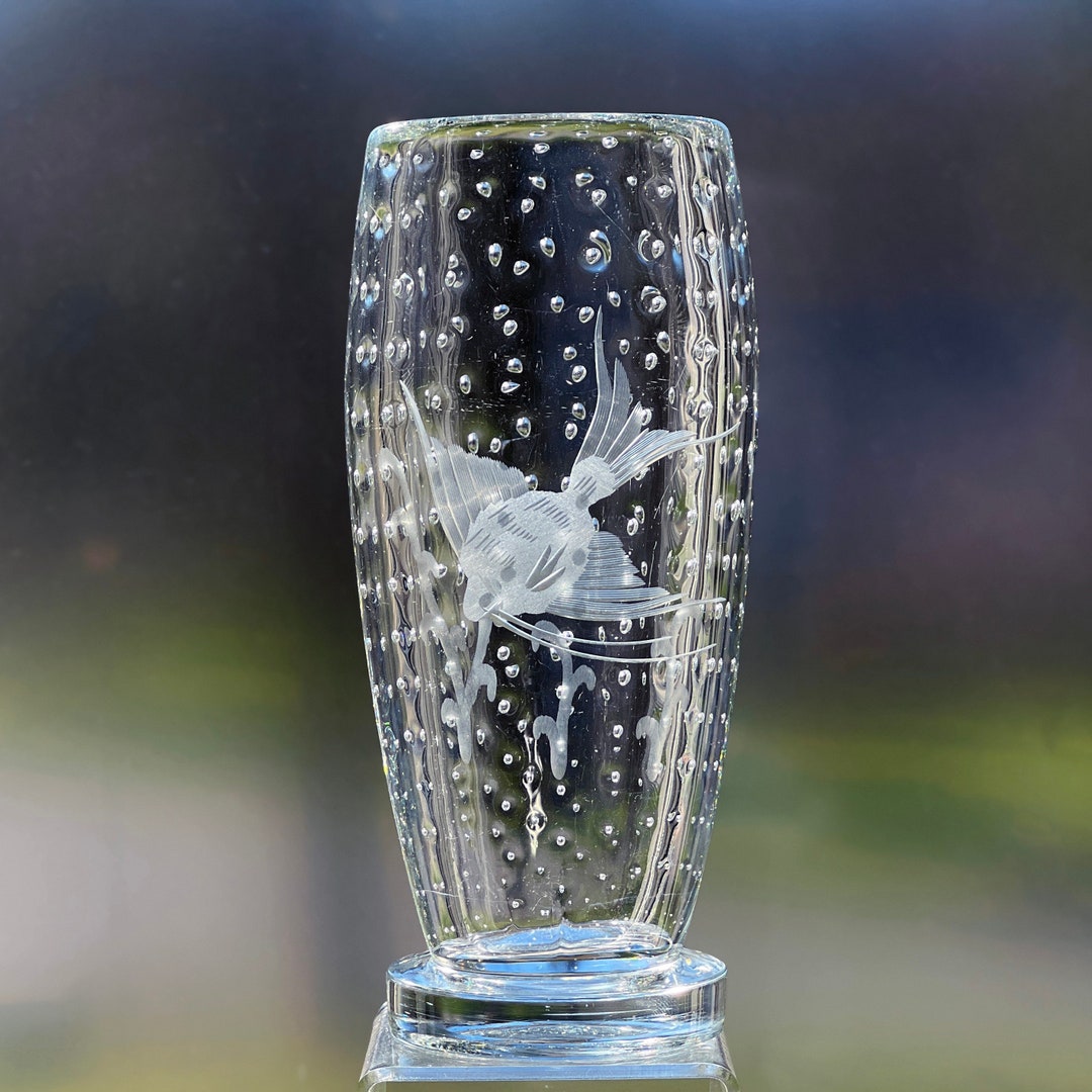 Johansfors Bubble Glass Vase, Engraved Fish, Handmade in Sweden - Etsy