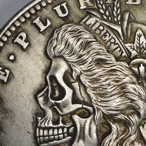 1897 Morgan Silver Dollar. Liberty/skull/death. Carved/hobo Coin. 38mm ...