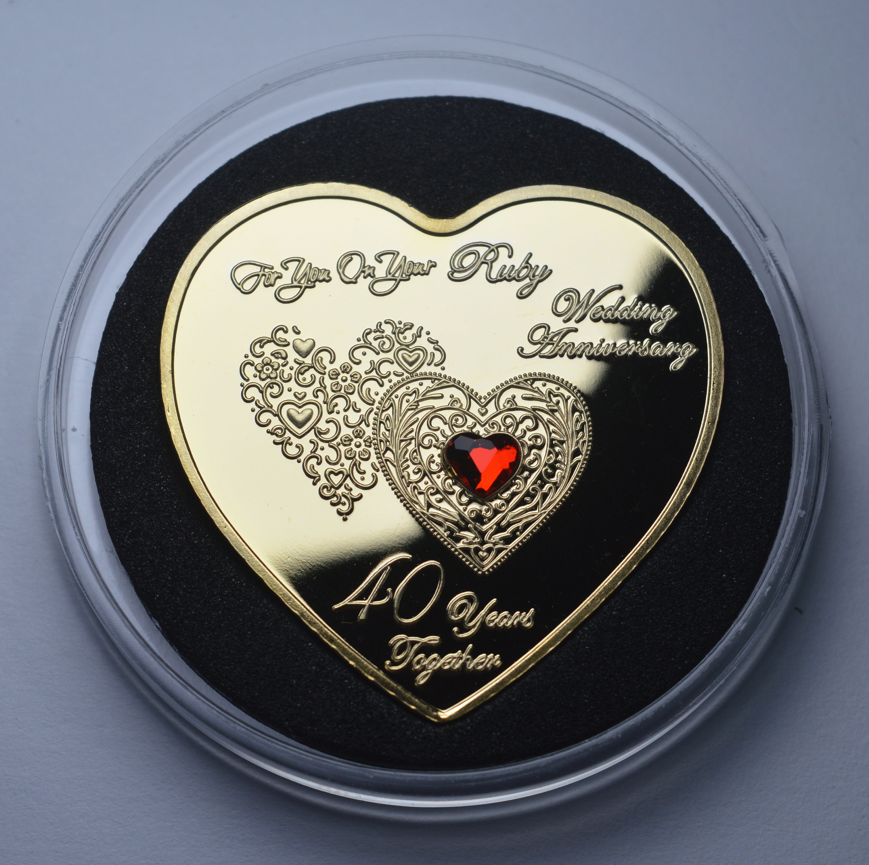 40th RUBY WEDDING ANNIVERSARY 24ct Gold Heart Shaped Commemorative in ...