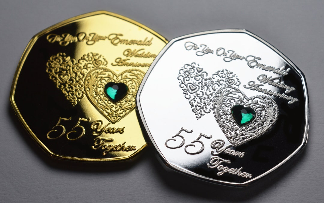 Pair of 55th EMERALD WEDDING ANNIVERSARY .999 Silver & 24ct Gold ...