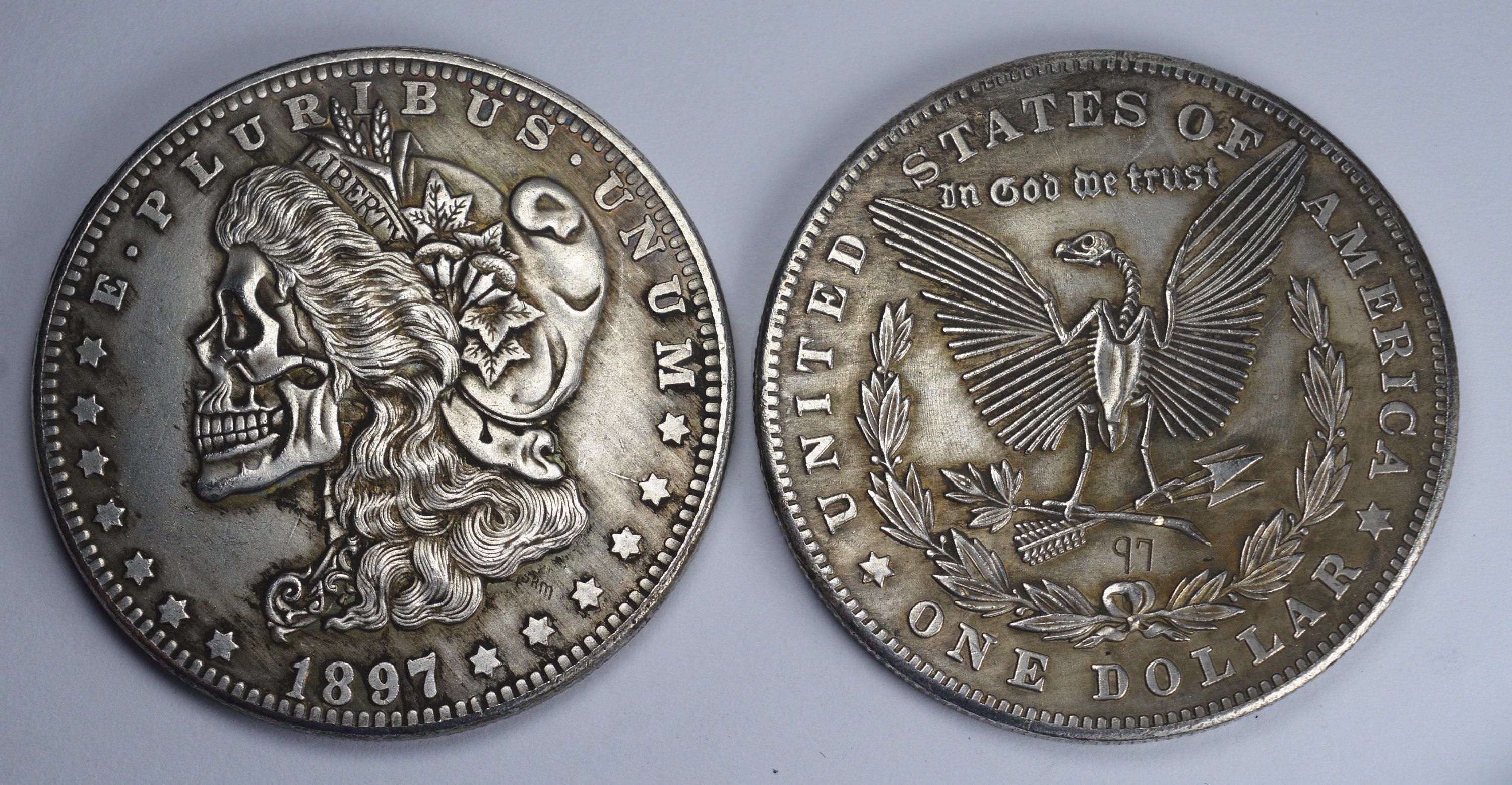 1897 Morgan Silver Dollar. Liberty/skull/death. Carved/hobo Coin. 38mm ...