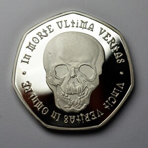 Pair of Memento Mori Silver and 24ct Gold Reminder Coins in Display ...