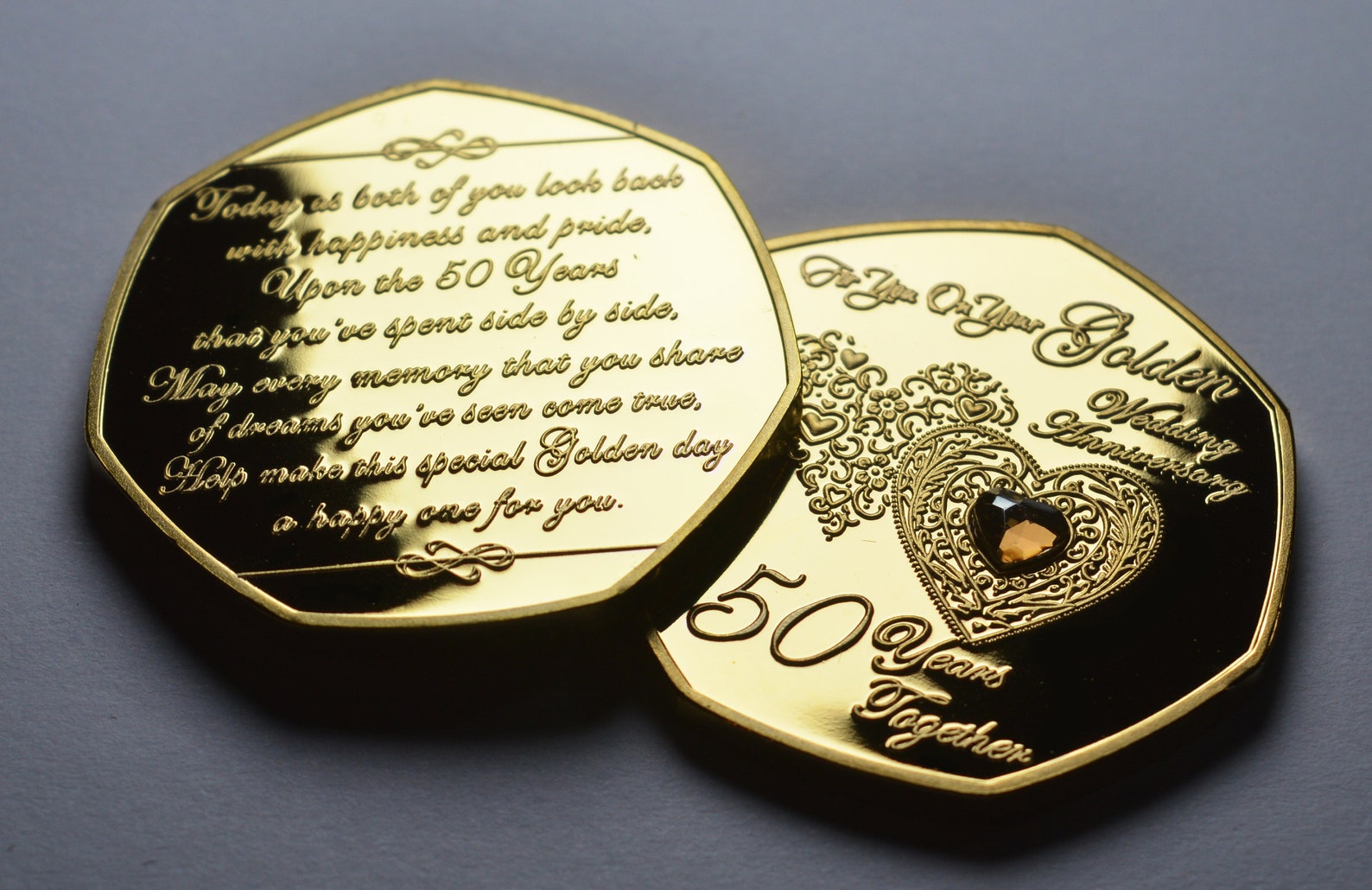 50th GOLDEN WEDDING ANNIVERSARY 24ct Gold Commemorative With Gemstone ...