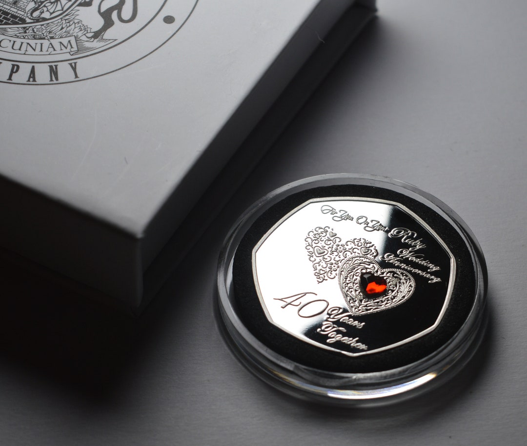 40th RUBY WEDDING ANNIVERSARY Silver Commemorative With Inlaid Gemstone. Gift/present. Gift Box ...