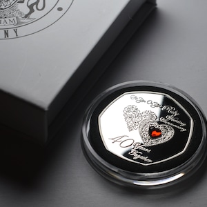 40th RUBY WEDDING ANNIVERSARY Silver Commemorative With Inlaid Gemstone ...
