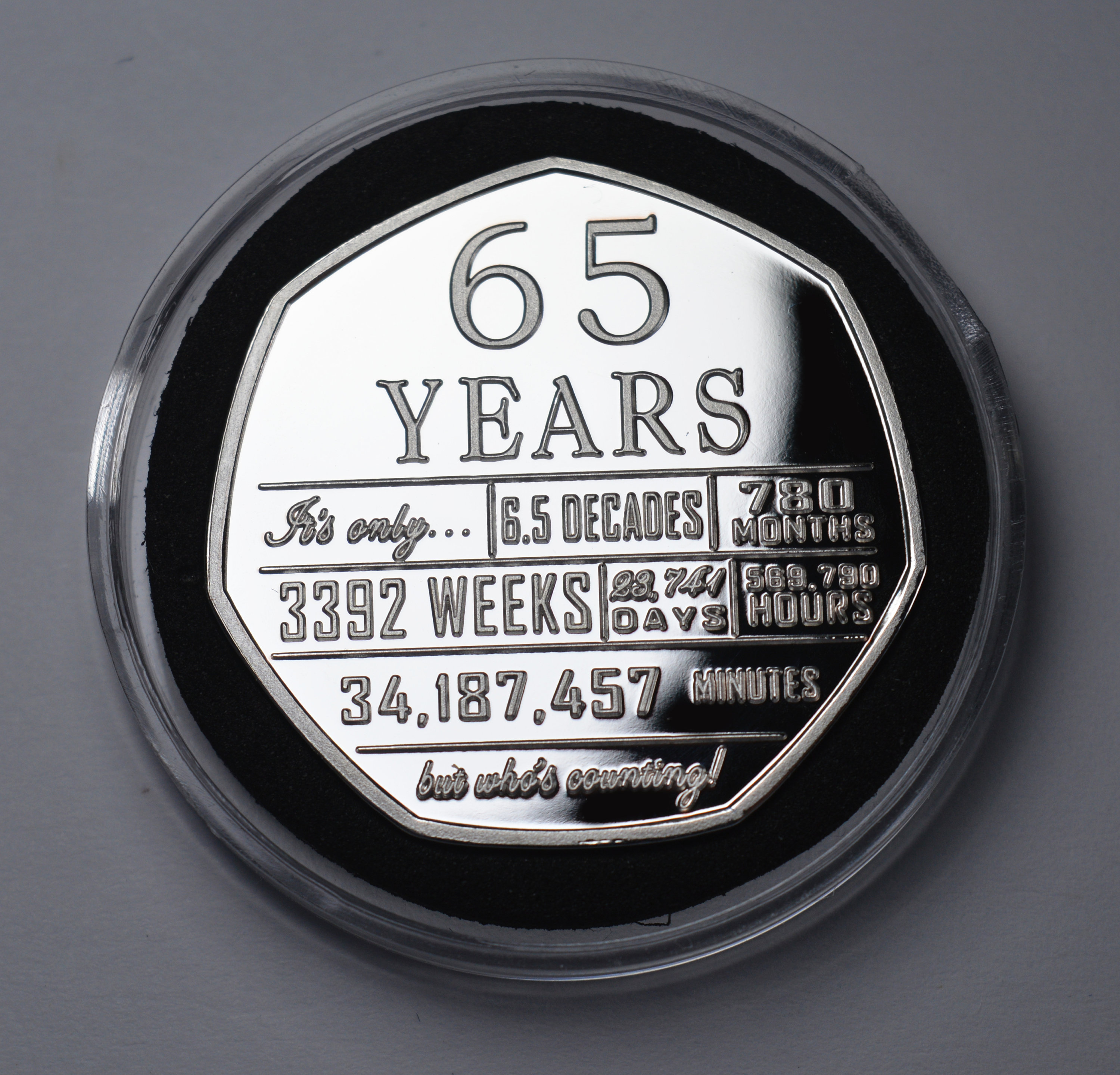 65th Birthday Silver Commemorative in Capsule. 'but Who's Counting ...
