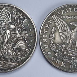 1899 Morgan Silver Dollar. Urizen/mythology. Carved/hobo Coin. 38mm 23g ...