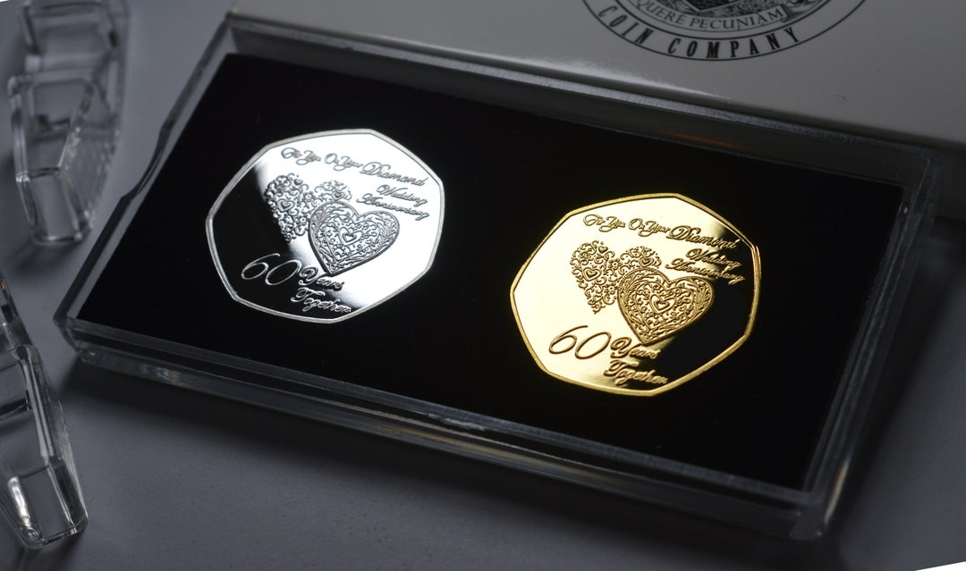 Pair of 60th DIAMOND WEDDING ANNIVERSARY Silver & 24ct Gold ...