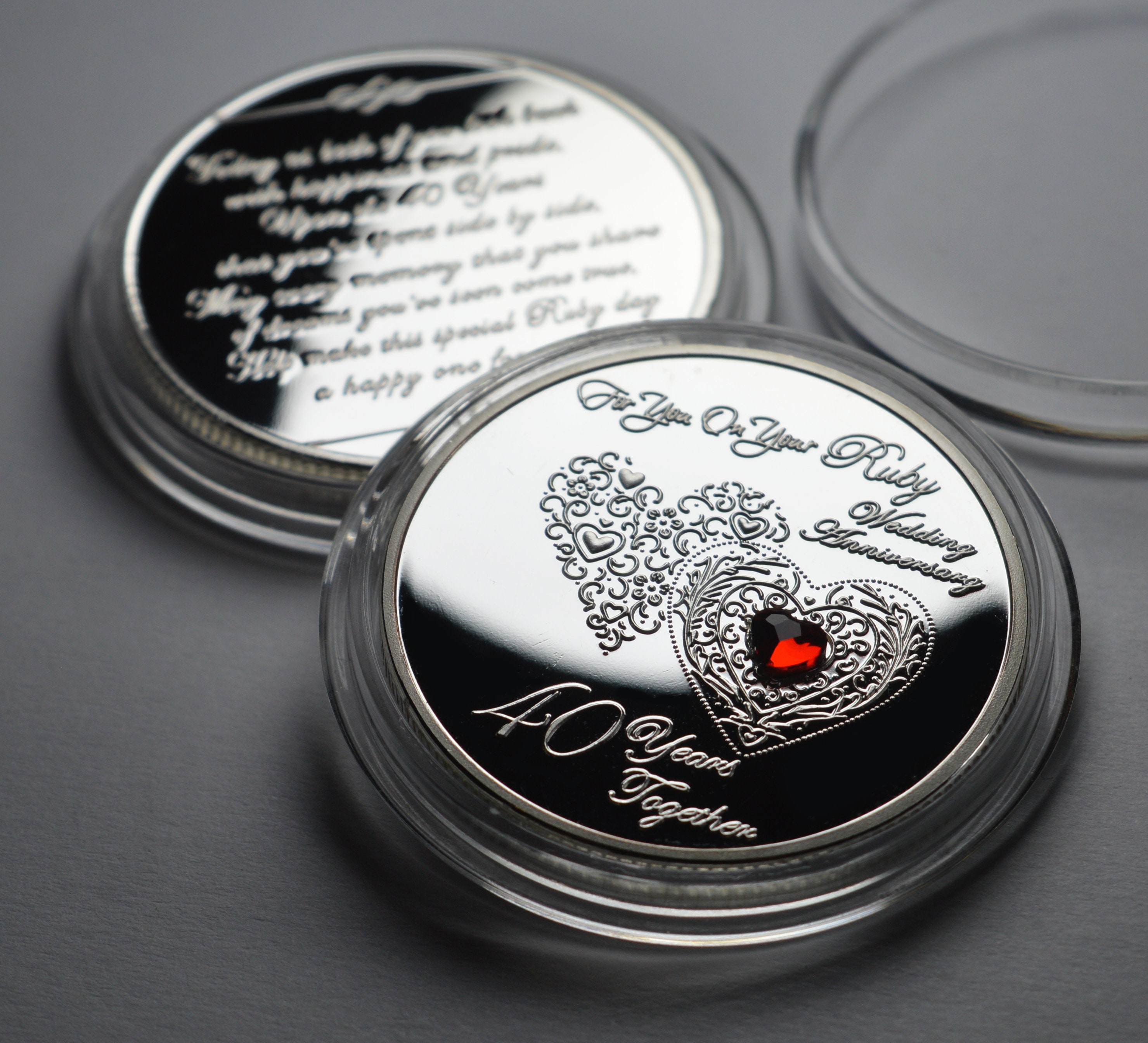40th RUBY WEDDING ANNIVERSARY Silver Commemorative With Inlaid Gemstone ...