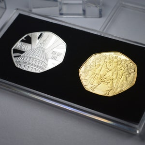 Pair of VE DAY Silver & 24ct Gold Commemoratives in 50p Coin Display ...