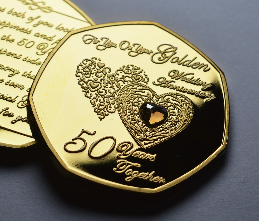 50th GOLDEN WEDDING ANNIVERSARY 24ct Gold Commemorative With Gemstone ...