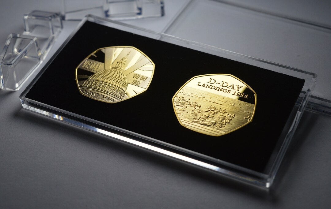 Pair of 24ct Gold WW2 Commemoratives in 50p Coin Display Case. VE-DAY ...