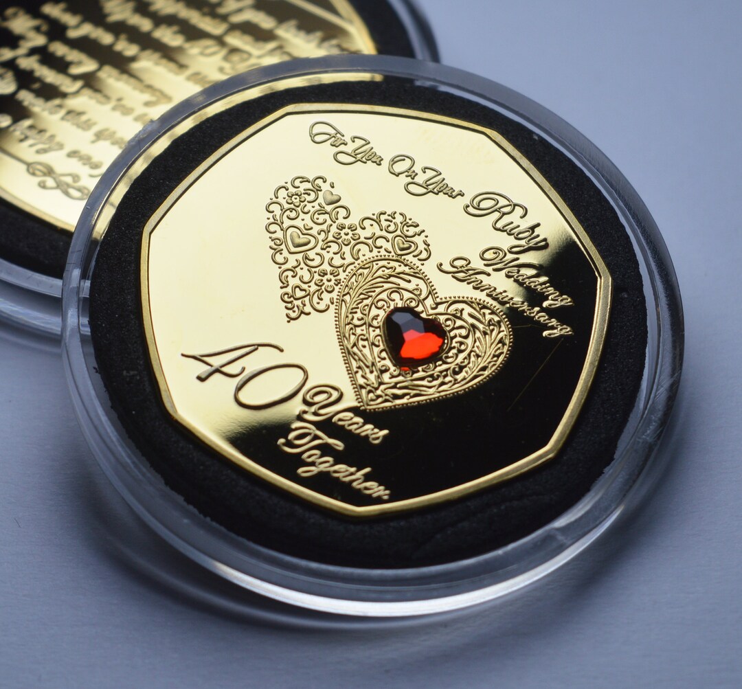 40th RUBY WEDDING ANNIVERSARY 24ct Gold Commemorative With Inlaid ...