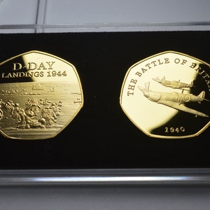 Pair of 24ct Gold WW2 Commemoratives in 50p Coin Display Case. D-DAY ...