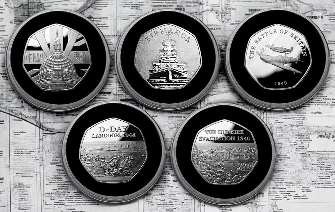 5 Silver World War 2 Commemorative Coins in Capsule. Dunkirk, D-day, VE ...