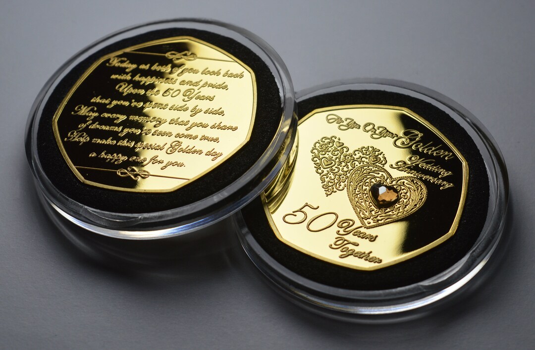 50th GOLDEN WEDDING ANNIVERSARY 24ct Gold Commemorative With Gemstone ...