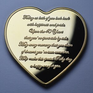 40th RUBY WEDDING ANNIVERSARY 24ct Gold Heart Shaped Commemorative in ...