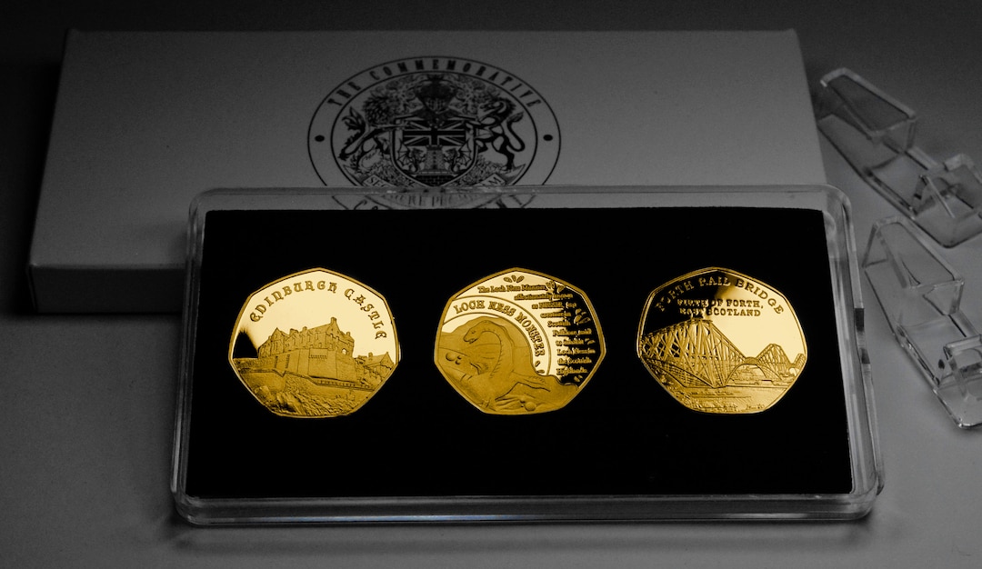 Cased Trio of SCOTLAND/SCOTTISH 24ct Gold Commemoratives. Loch Ness ...