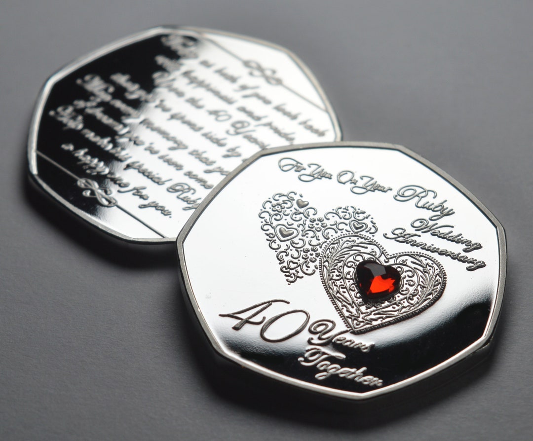 40th RUBY WEDDING ANNIVERSARY Silver Commemorative With Inlaid Gemstone ...