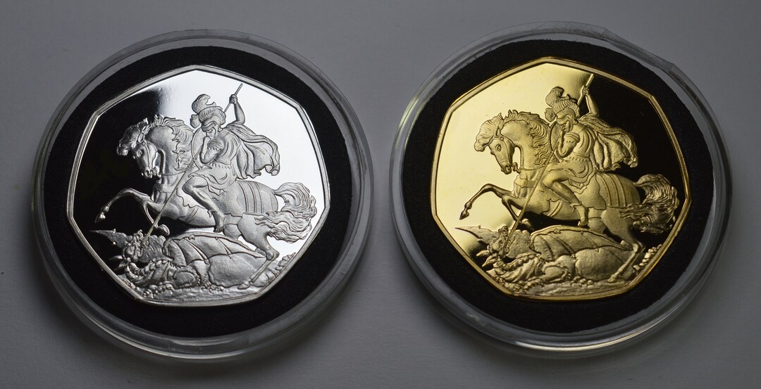 Pair of St. George and the Dragon Silver & 24ct Gold Commemoratives in ...