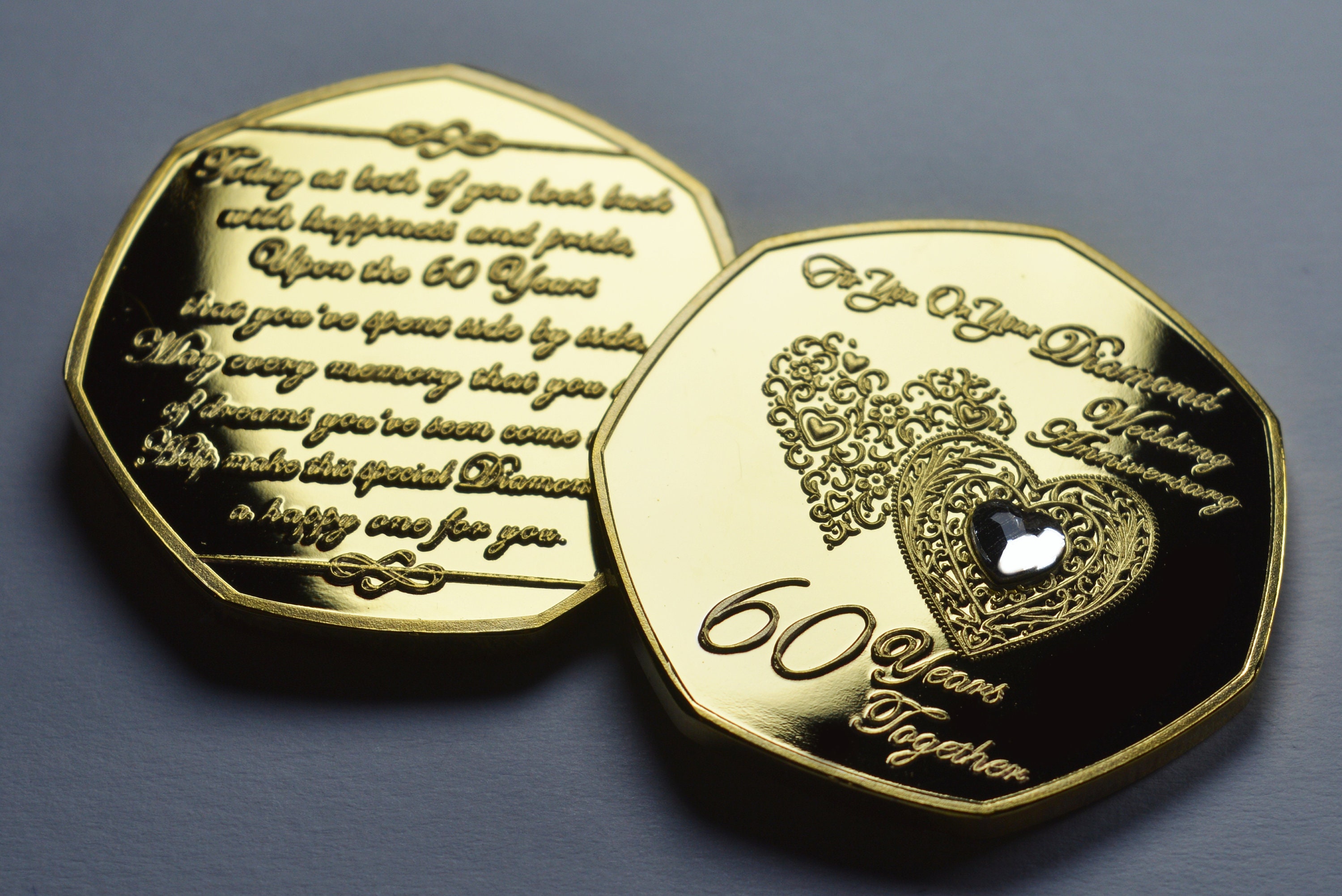 60th DIAMOND WEDDING ANNIVERSARY 24ct Gold Commemorative With Gemstone ...
