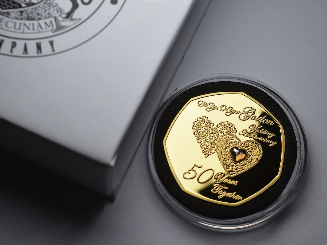 50th GOLDEN WEDDING ANNIVERSARY 24ct Gold Commemorative With Gemstone ...