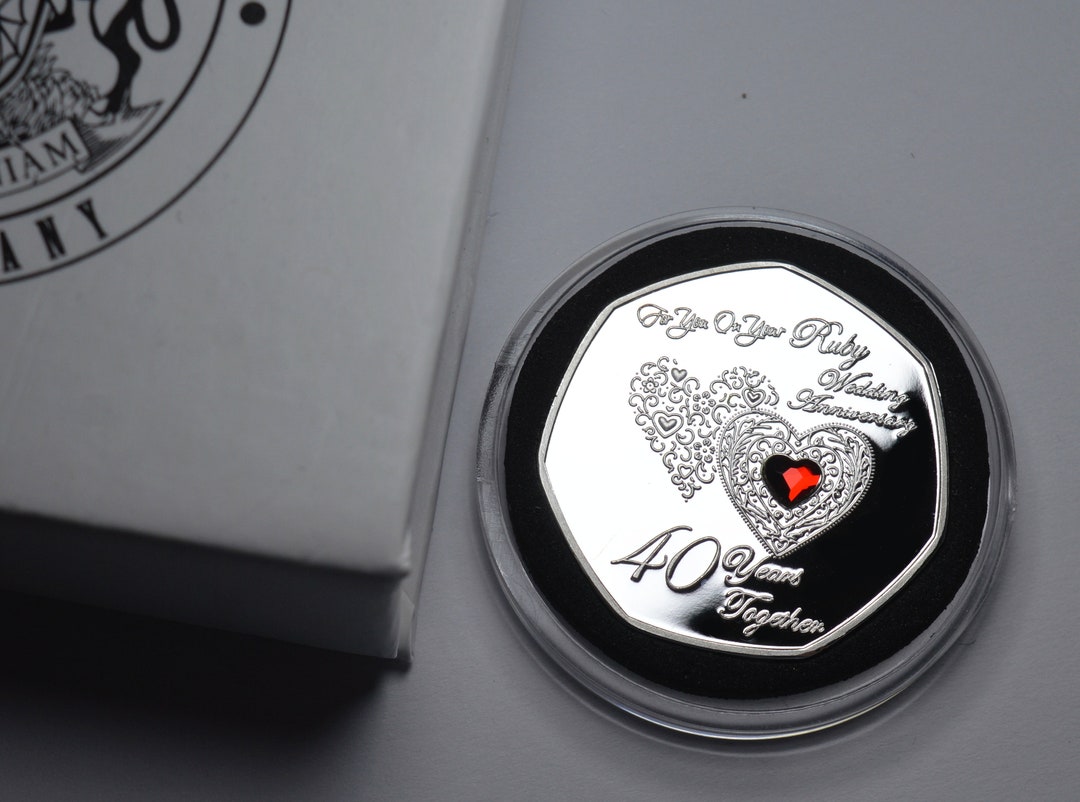 On Your 40th RUBY WEDDING ANNIVERSARY Silver Commemorative With Inlaid ...