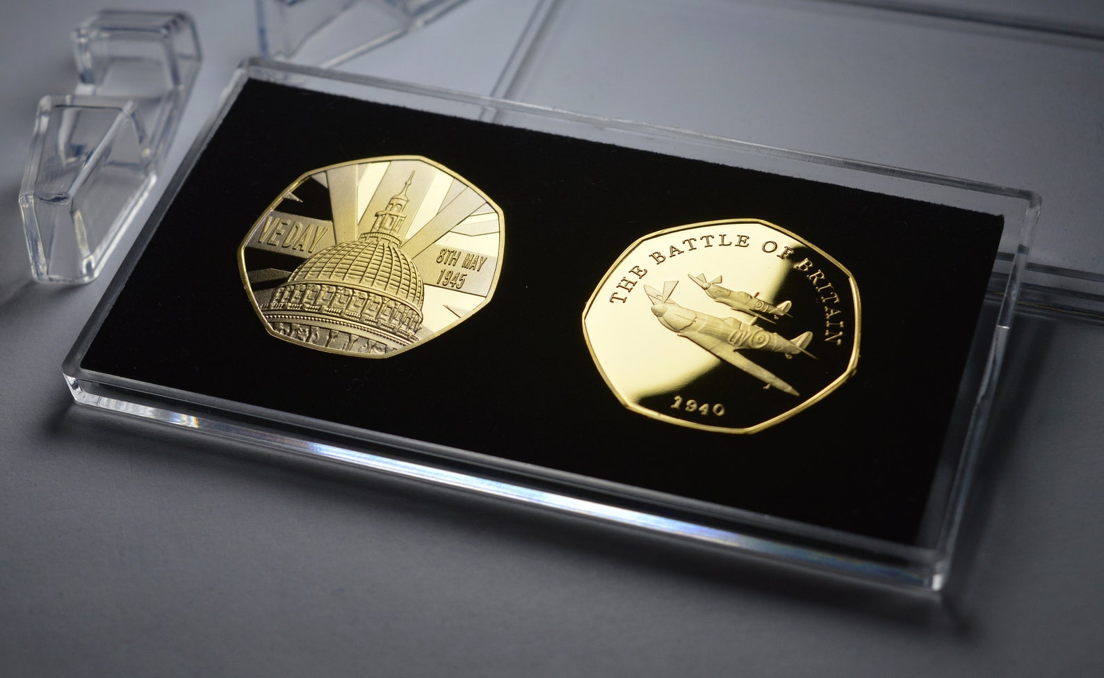 Pair of 24ct Gold WW2 Commemoratives in 50p Coin Display Case. VE-DAY ...
