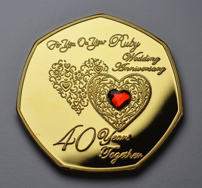40th RUBY WEDDING ANNIVERSARY 24ct Gold Commemorative With Inlaid ...