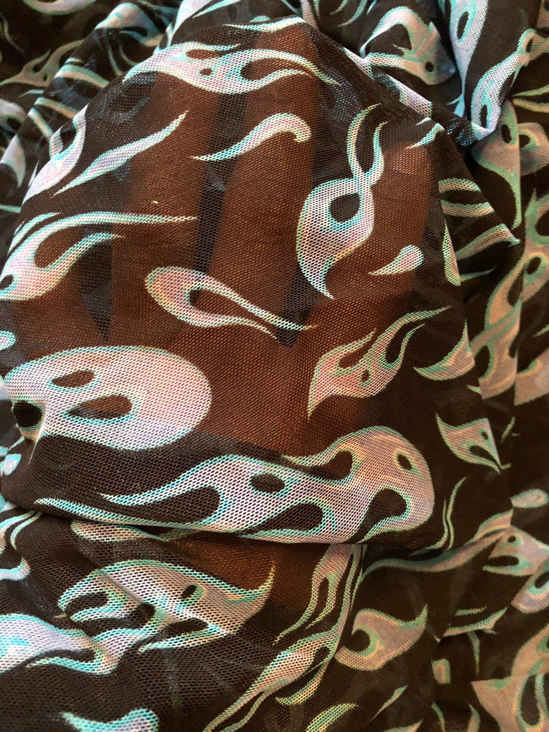 New Light Blue Flames Print on Black 4 Way Stretch Mesh Fabric | Etsy